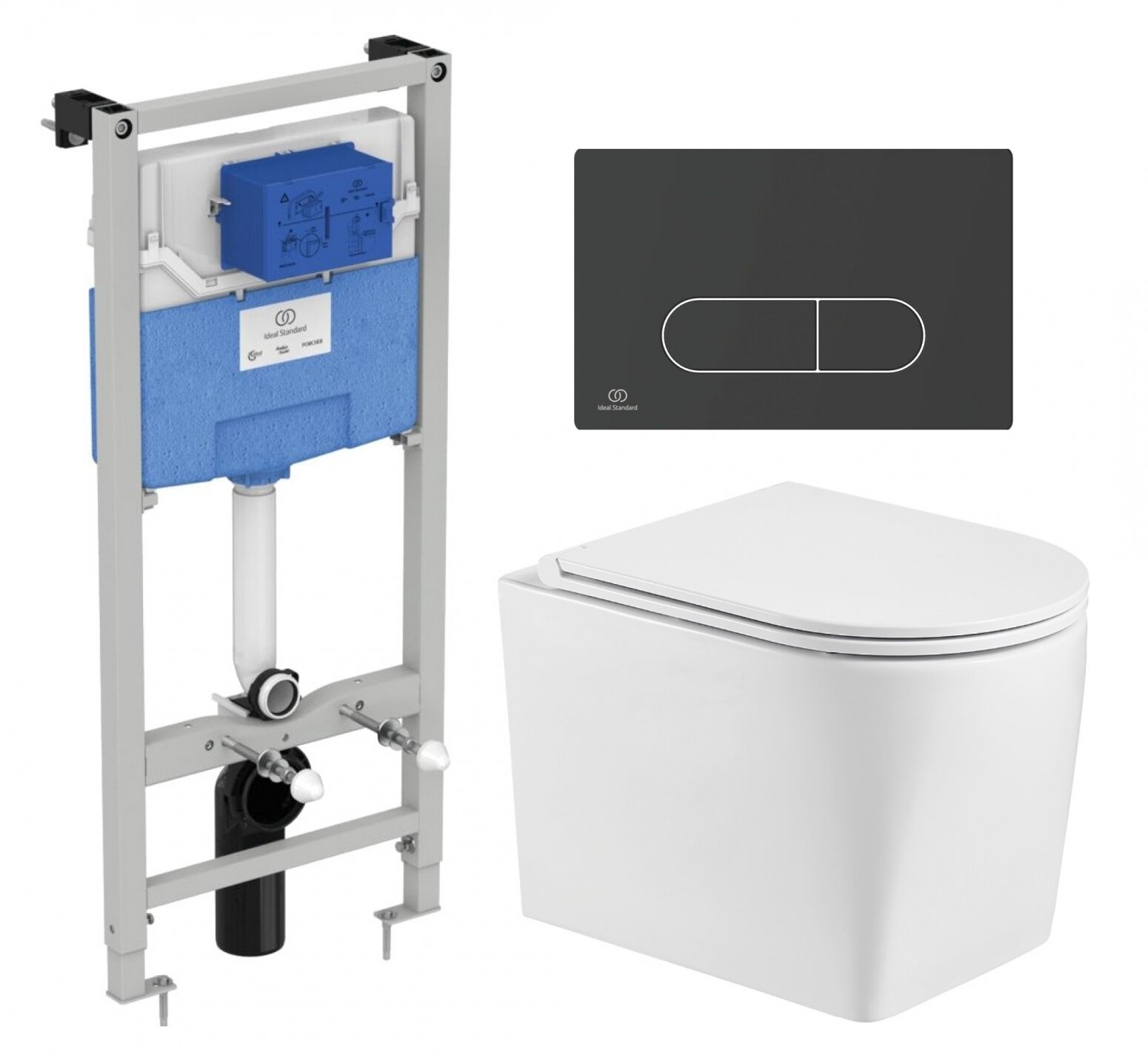 Комплект 3 в 1 инсталляция Ideal Standard + Унитаз подвесной WeltWasser Nesenbach 004 GL-WT + кнопка черная