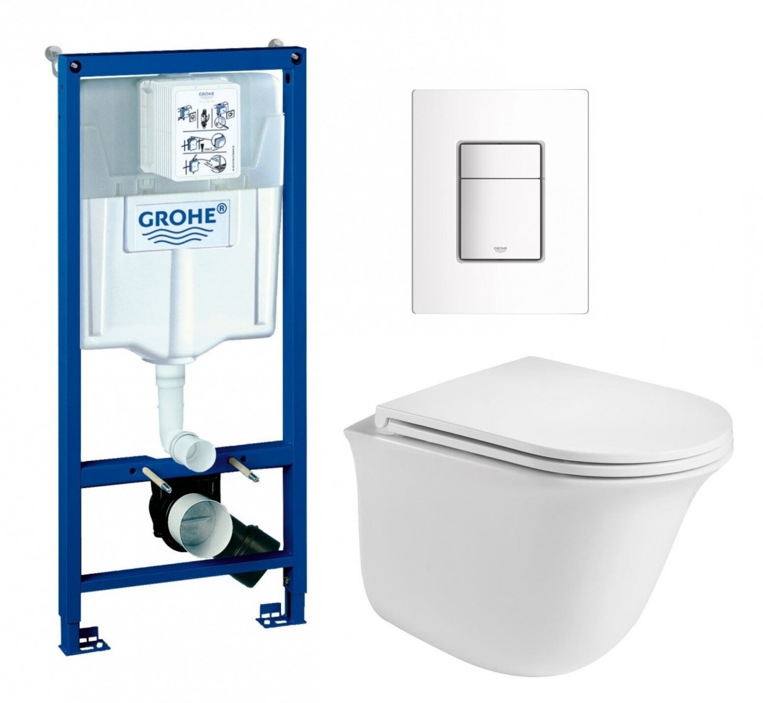 Комплект 3 в 1 инсталляция Grohe Rapid SL + Подвесной унитаз WeltWasser Telbach 004 GL-WT + кнопка белая