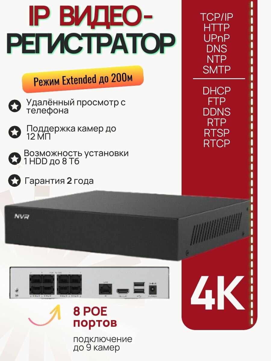 IP Видеорегистратор 8 POE портов, поддержка 9 каналов