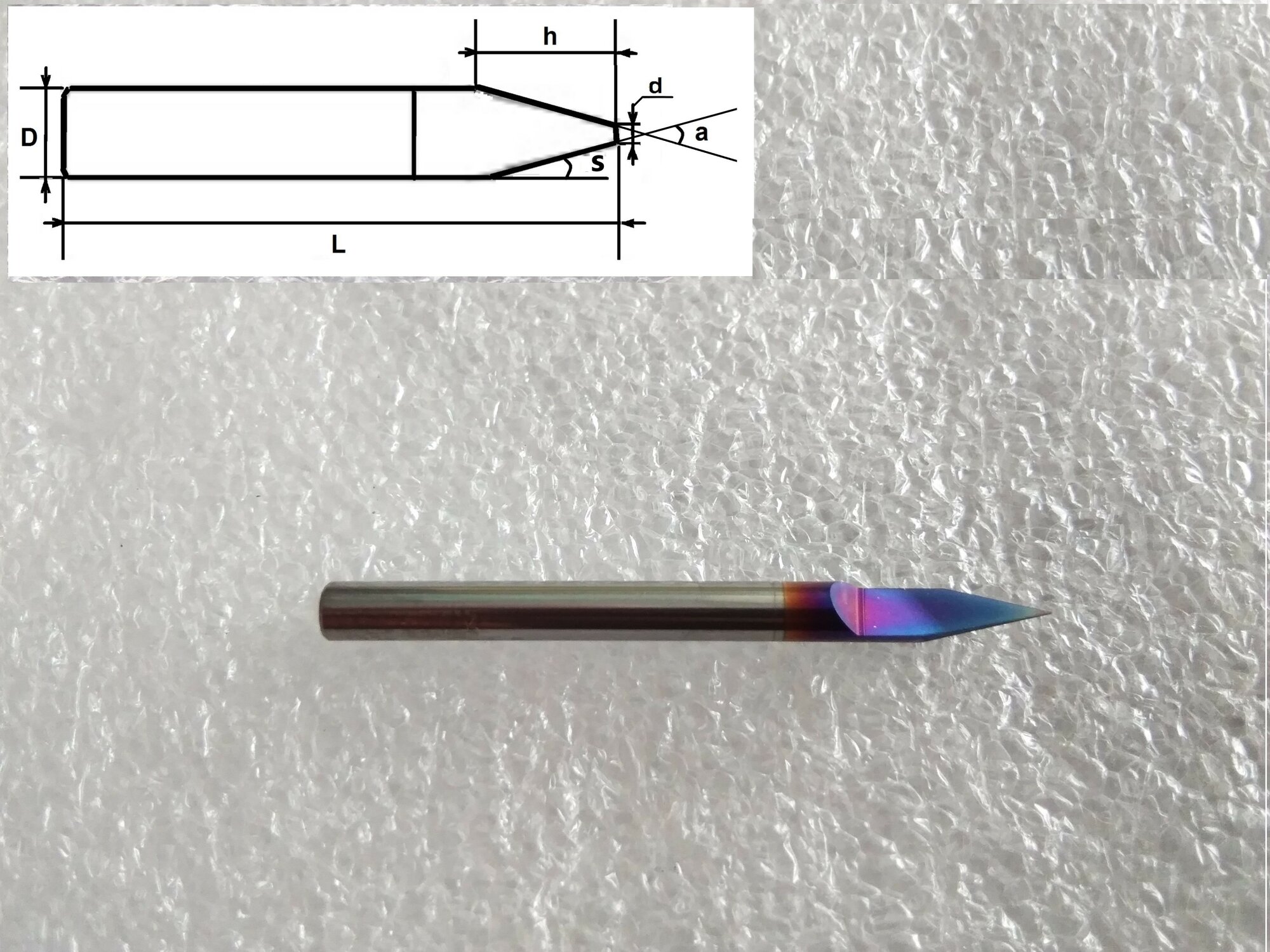 Конический твердосплавный гравер PDJM3.3001 d-0.1/h-6/ S-15/ a-30/ D-3.175/ L-39. для ЧПУ станка