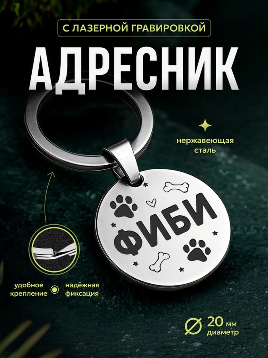 Адресник для собаки и кошки с гравировкой, нерж. сталь, серебристый, Фиби