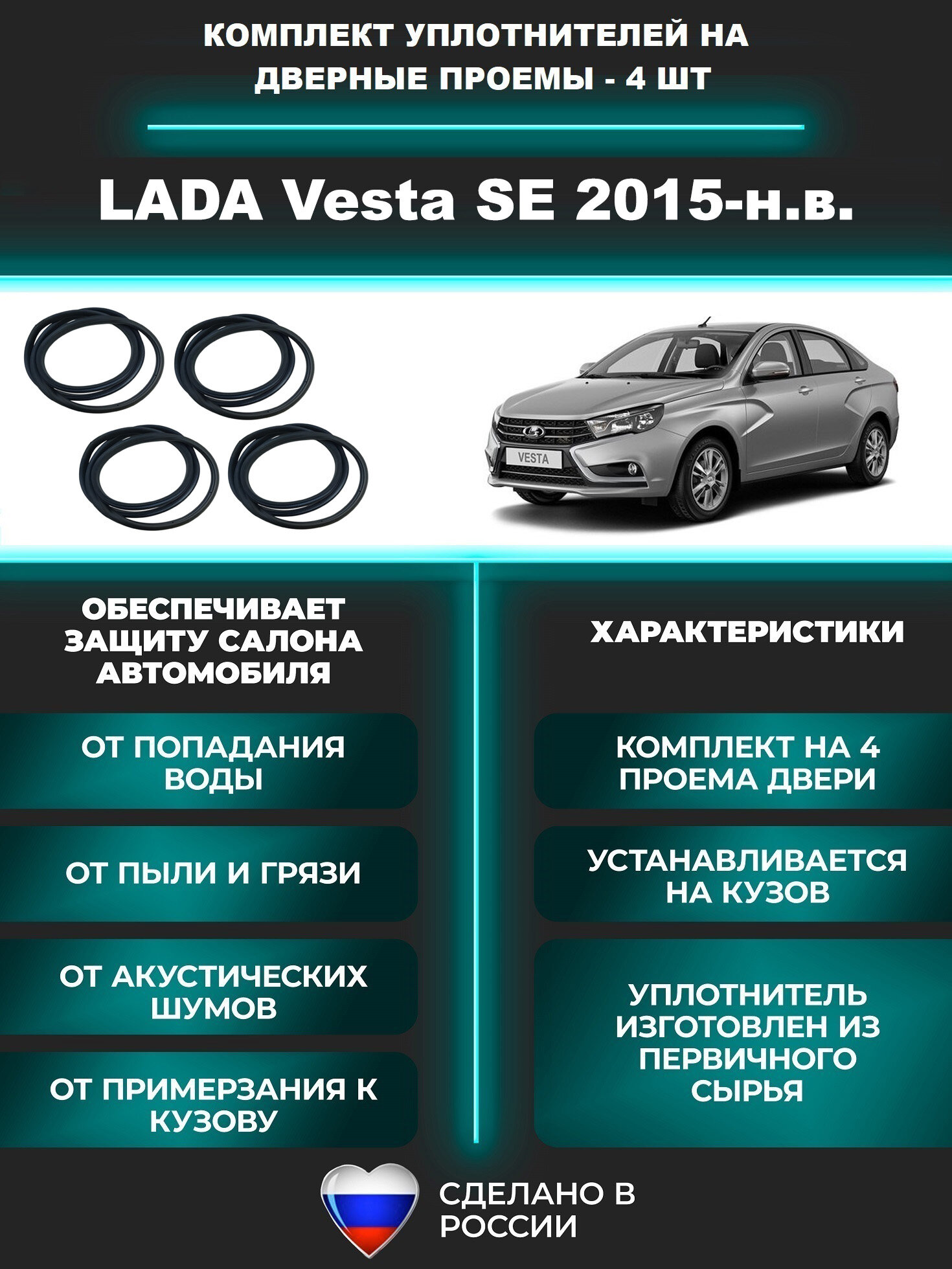 Комплект уплотнителей дверей для LADA 2180 Vesta SE / Лада Веста СЕ седан (8450007766, 8450007888 стыкованный) уплотнитель на 4 двери