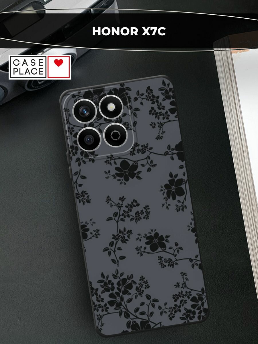 Черный матовый чехол на Honor X7c / Хонор X7c с принтом Черные цветы на сером