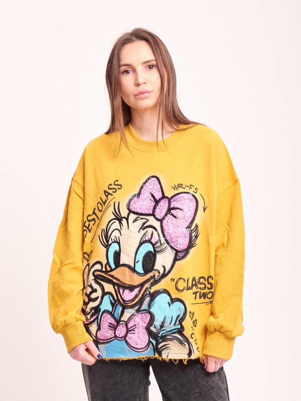 Свитшот  Свитшот из хлопка в желтом цвете принт поночка Disney вышитая пайетками 40-48