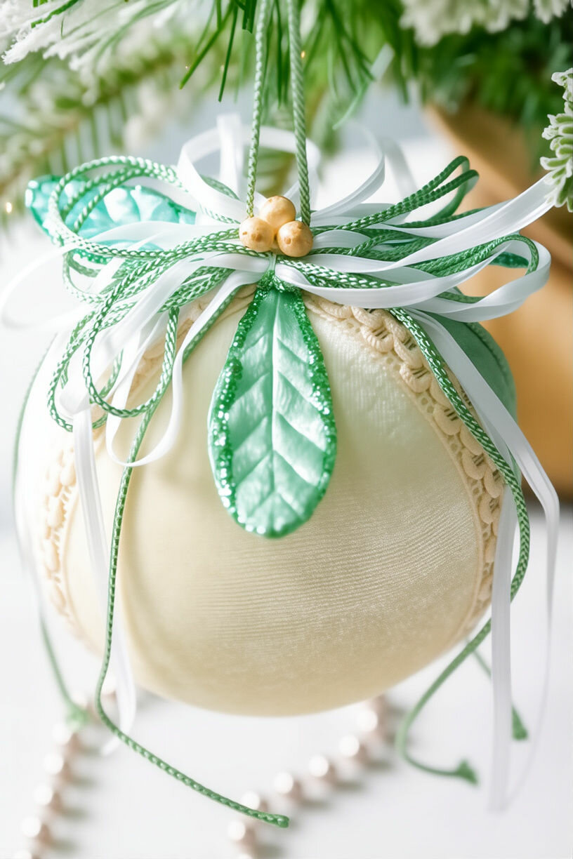 Ёлочный шар жардино ДИ боболи, полиэстер, зелёный с кремовым, 10 см, Winter Deco 2007341