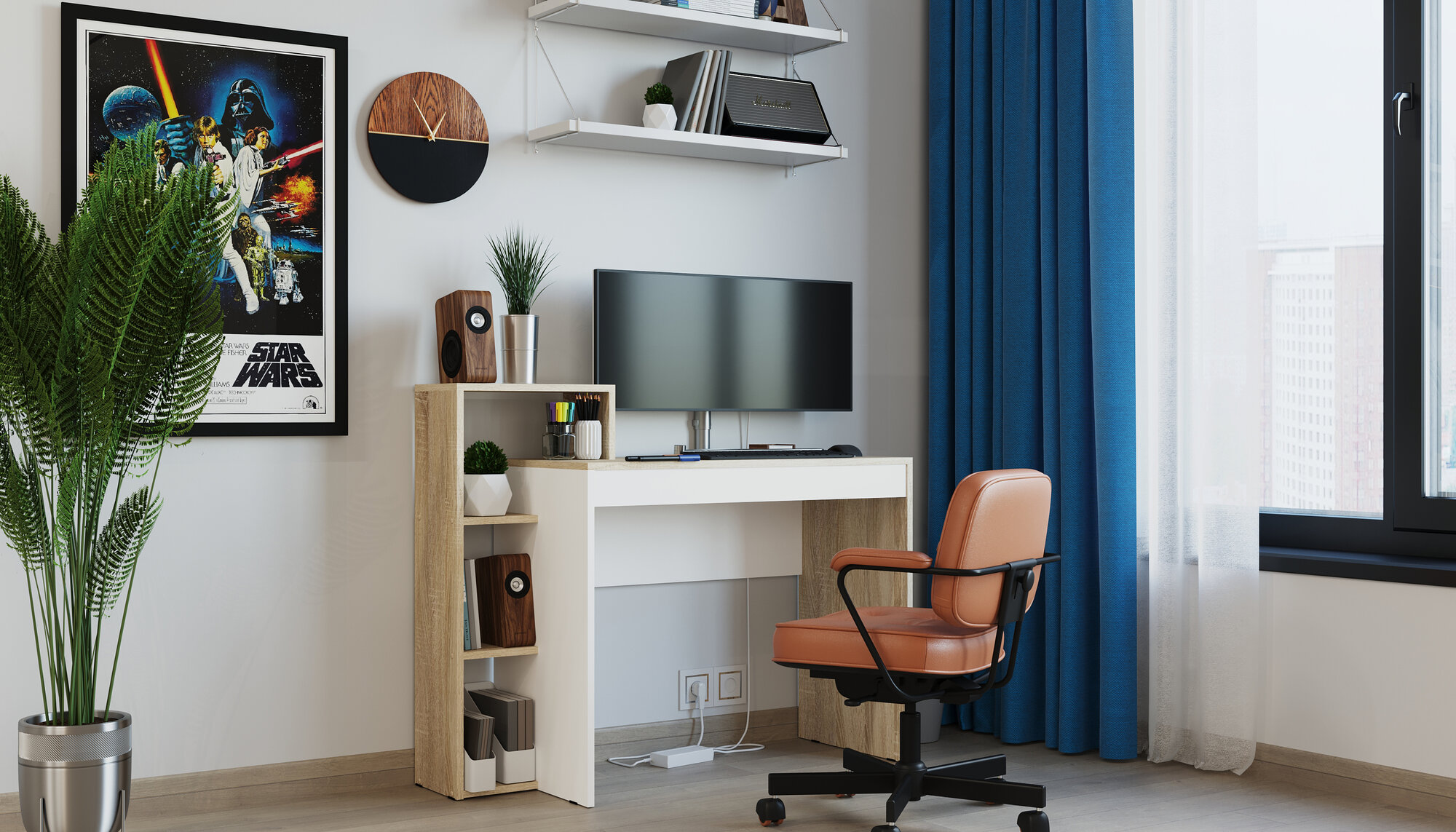 Письменный стол Мебельная фабрика Volodin&Co, ЛДСП, с полками, дуб сонома/белый