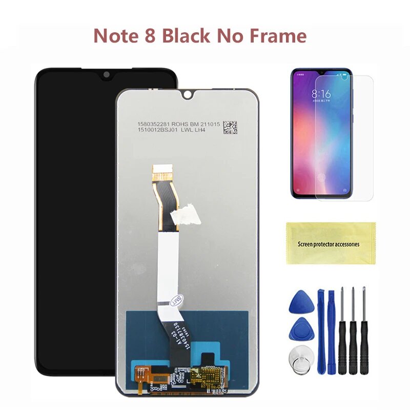 Дисплей LCD С Тачскрином Для Xiaomi Redmi Note 8/8 Pro, Замена, IPS-матрица, Note8 Black No Frame