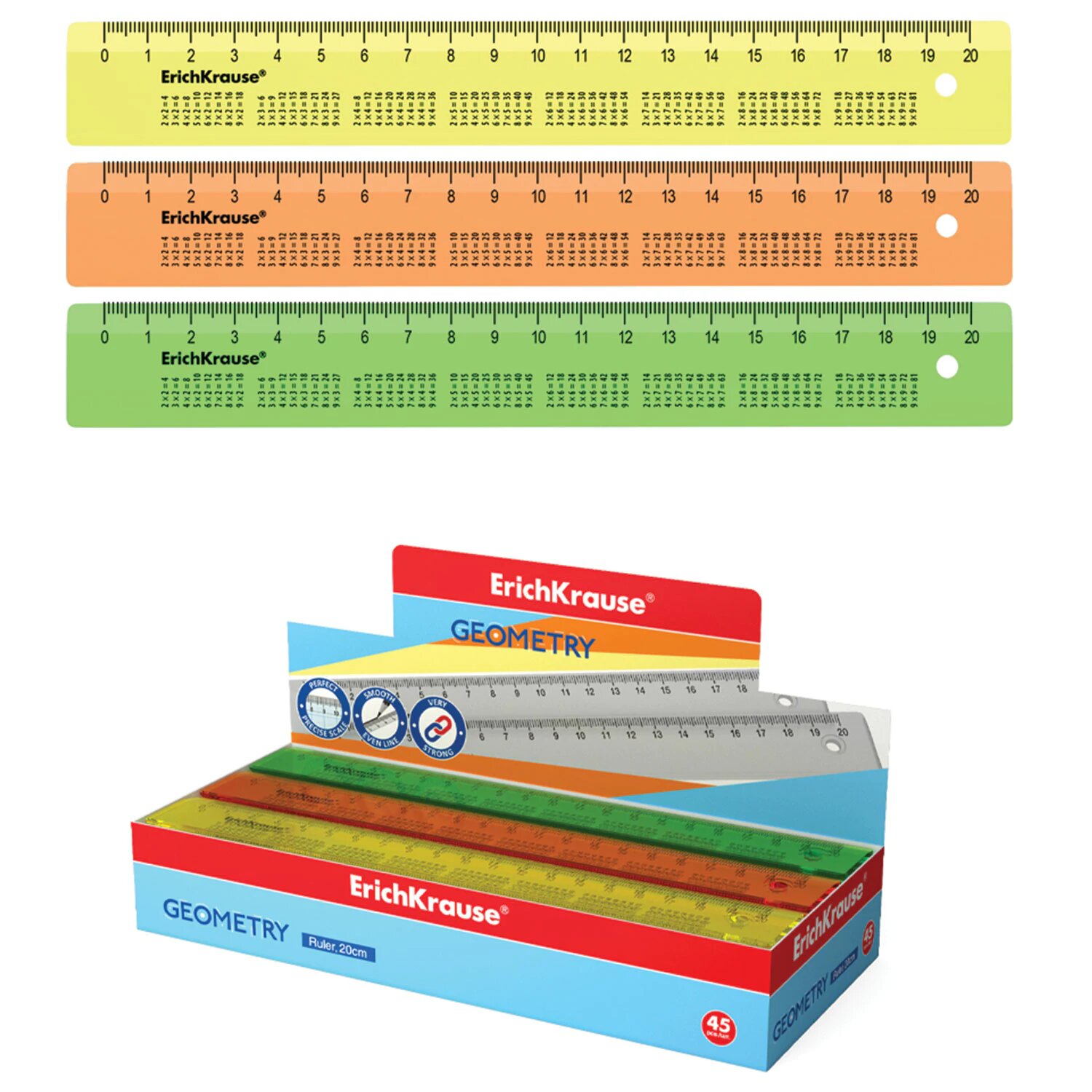 Линейка пластиковая 20 см, ERICH KRAUSE "NEON", с таблицей умножения, ассорти, 57851, 5шт.