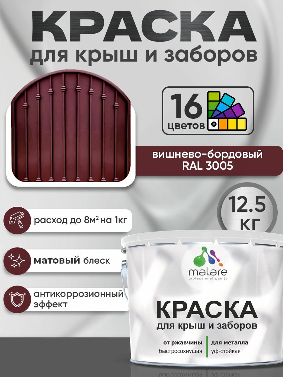 Краска по металлу Malare для крыш и заборов по ржавчине, для наружных работ, быстросохнущая износостойкая RAL 3005 вишнево-бордовый, матовая, 12,5 кг