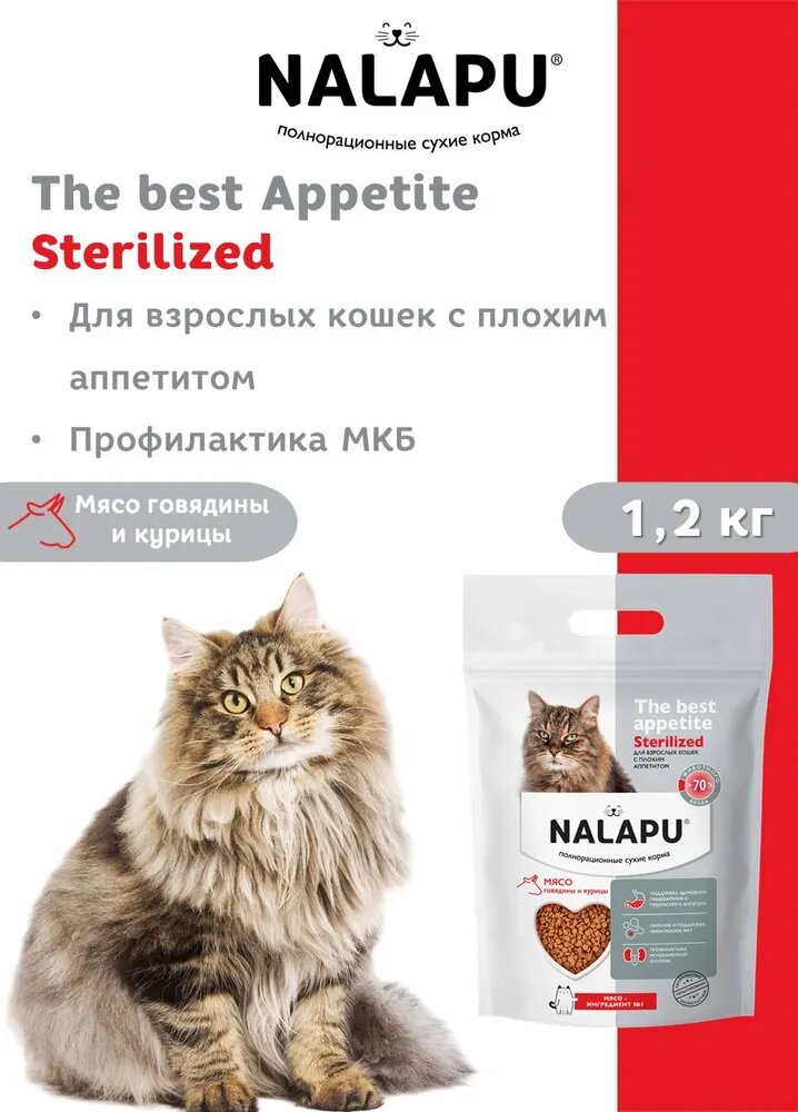 Корм сухой налапу The Best appetite Sterilized, с говядиной и курицей, для взрослых кошек, 1.2 кг