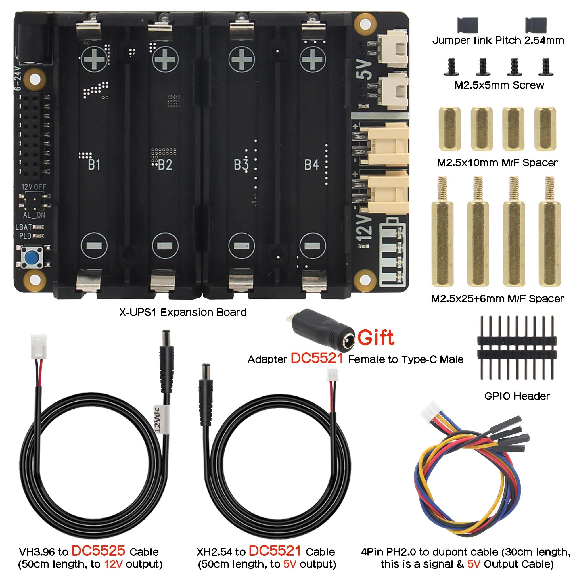 Универсальный штабелируемый экран Geekworm X-UPS1 12 В/5 В с двойным выходом для SBC Orange Pi 5/Jetson Nano/Raspberry Pi/Tinker Board и т. Д.