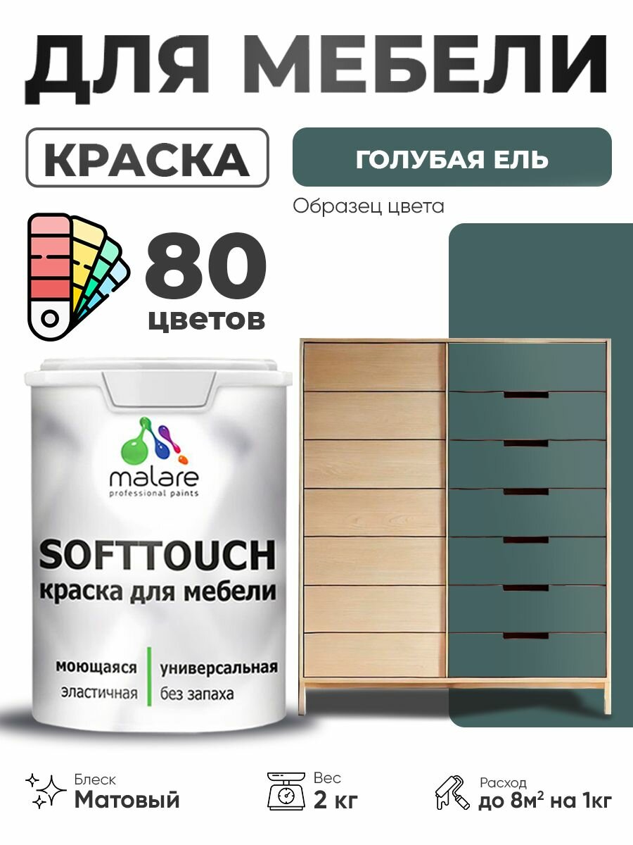 Акриловая краска для мебели Malare SoftTouch для кухонных фасадов для дерева и МДФ, моющаяся быстросохнущая, матовая, голубая ель, 2 кг.