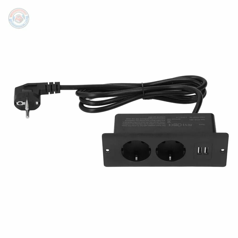 Встраиваемая настольная розетка с 2 USB портами и двойной розеткой 220В, скрытая установка в столешницу, компактный мебельный удлинитель, черная