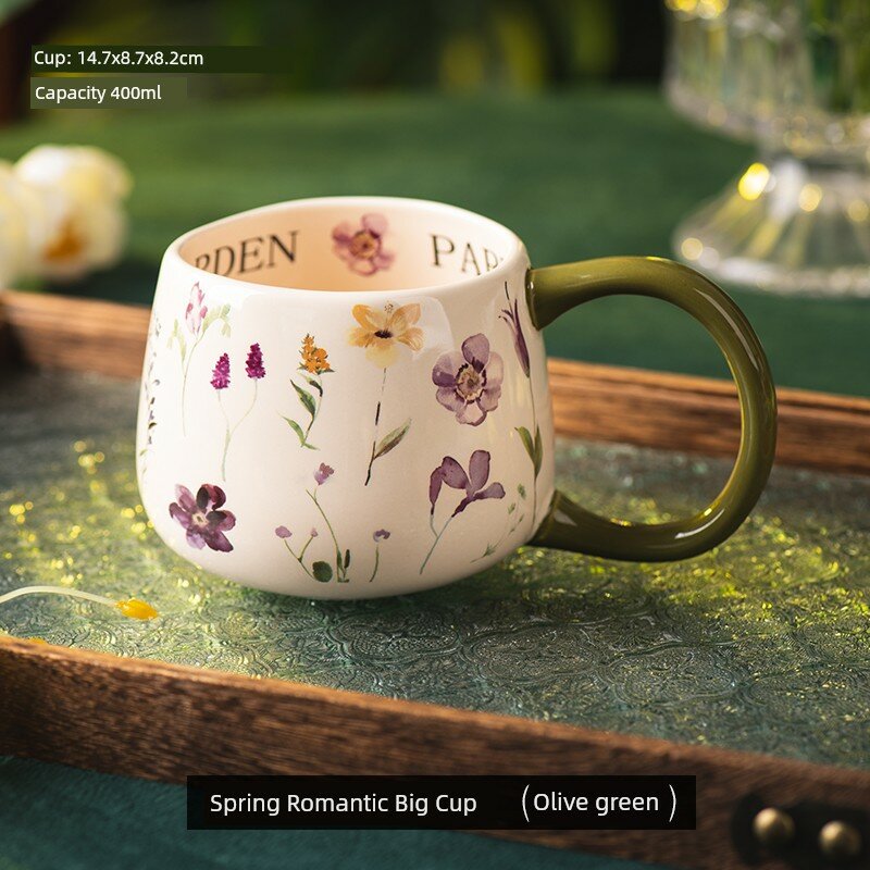 Ручная керамическая серия Spring Romance с большим ручкой кофейный стакан и блюдце в оливково-зеленом цвете
