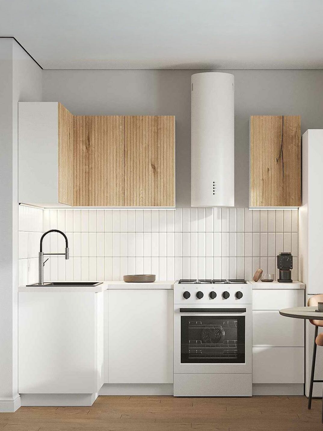 Кухонный гарнитур угловой Комби 2.1х1 м, мебель для дома и кухни, Белый / Дуб Торонто / Бланж