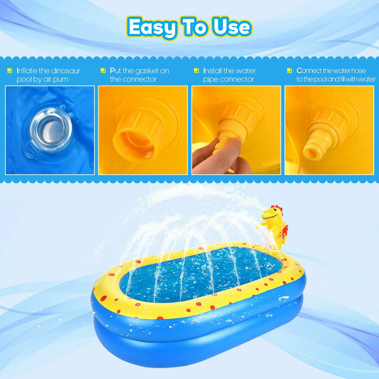 Надувной бассейн с динозавром и разбрызгивателем, 170x103x90 см, водные игрушки, для улицы