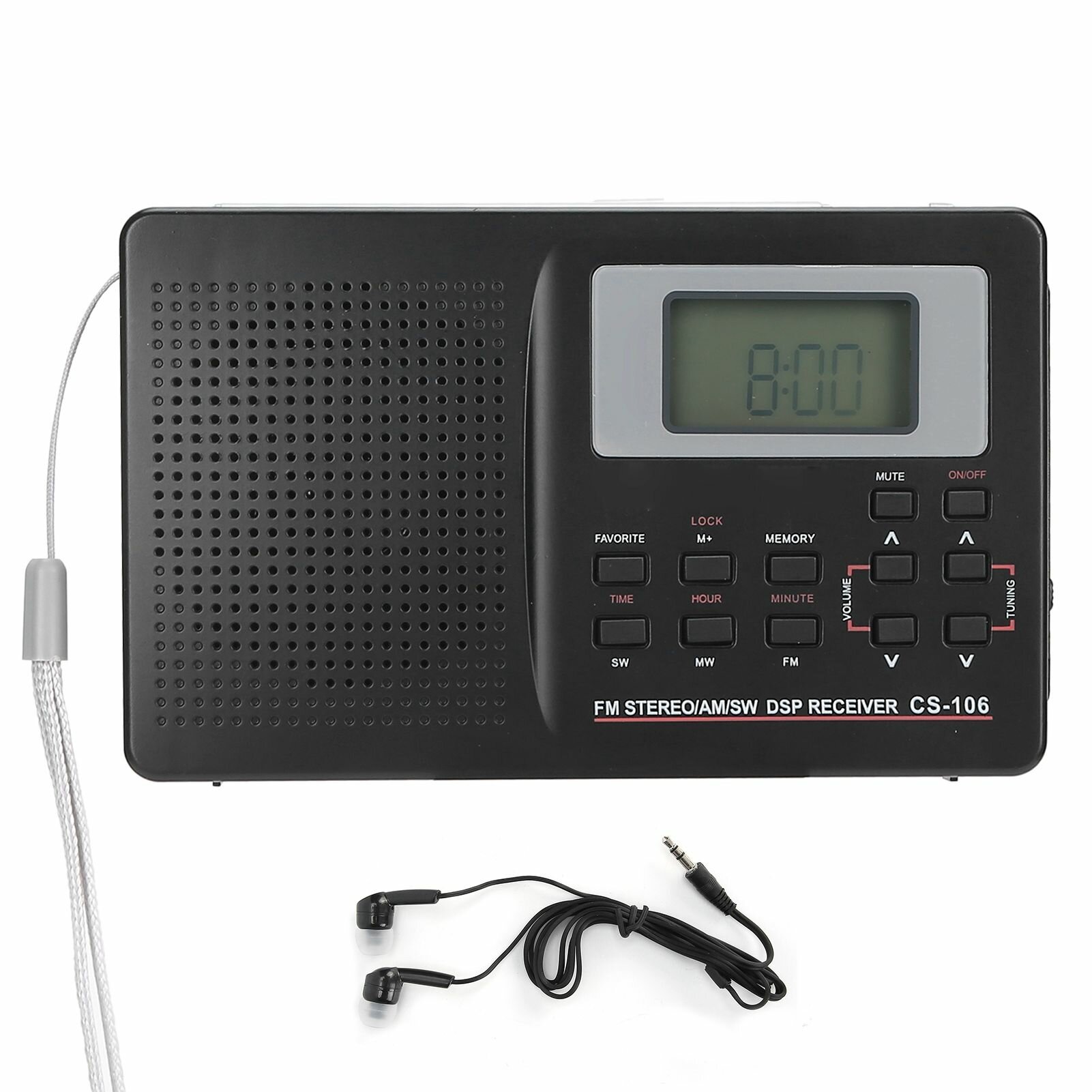 Радиоприёмник CS106 FM/AM/SW/MW с цифровыми часами и наушниками