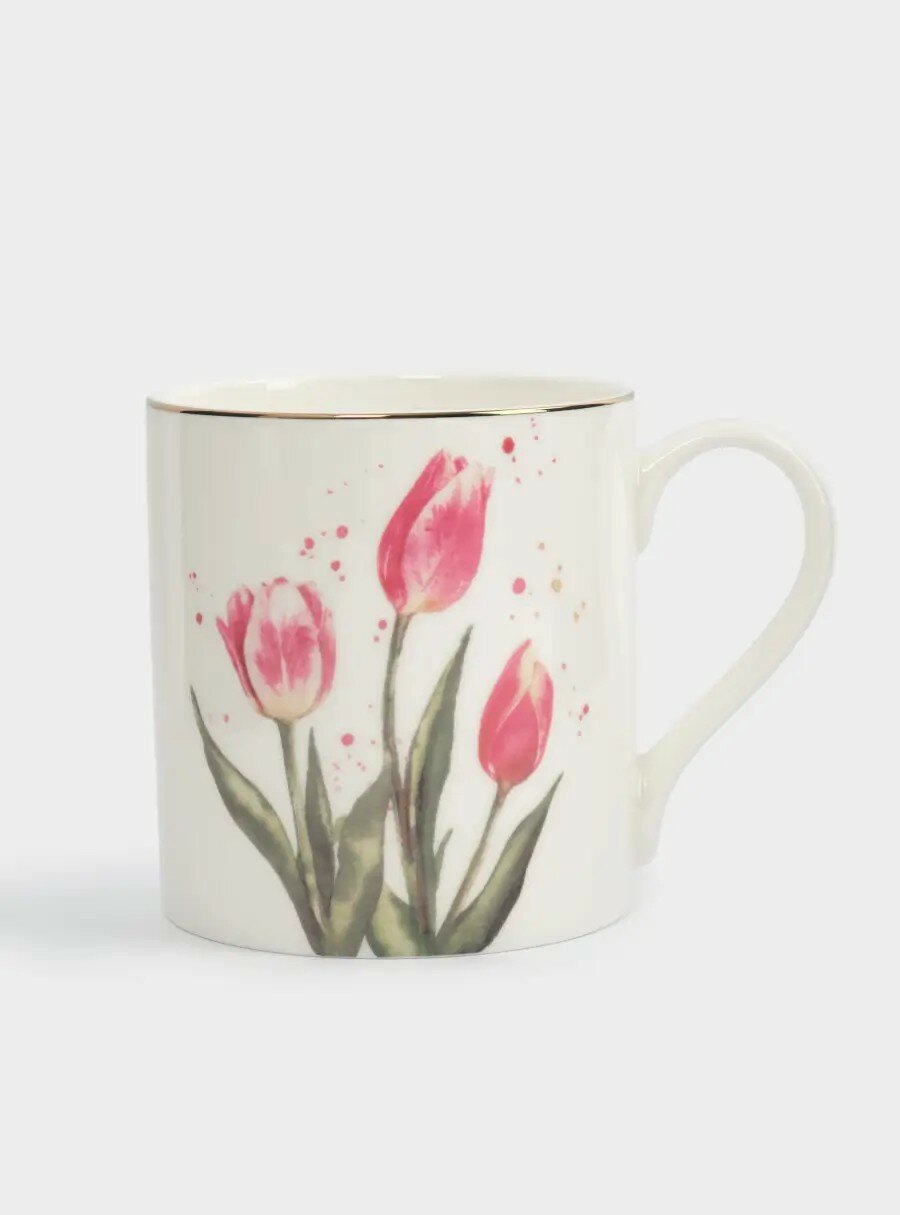 Кружка, 380 мл, костяной фарфор, белая, с золотистым кантом, Тюльпаны, Giardino (Anna Lafarg)