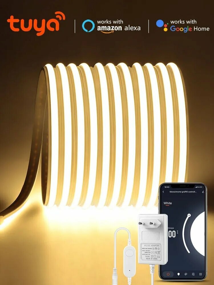 Tuya Smart Светодиодная лента 11.82 Вт, IP67, Теплый белый, 1 шт