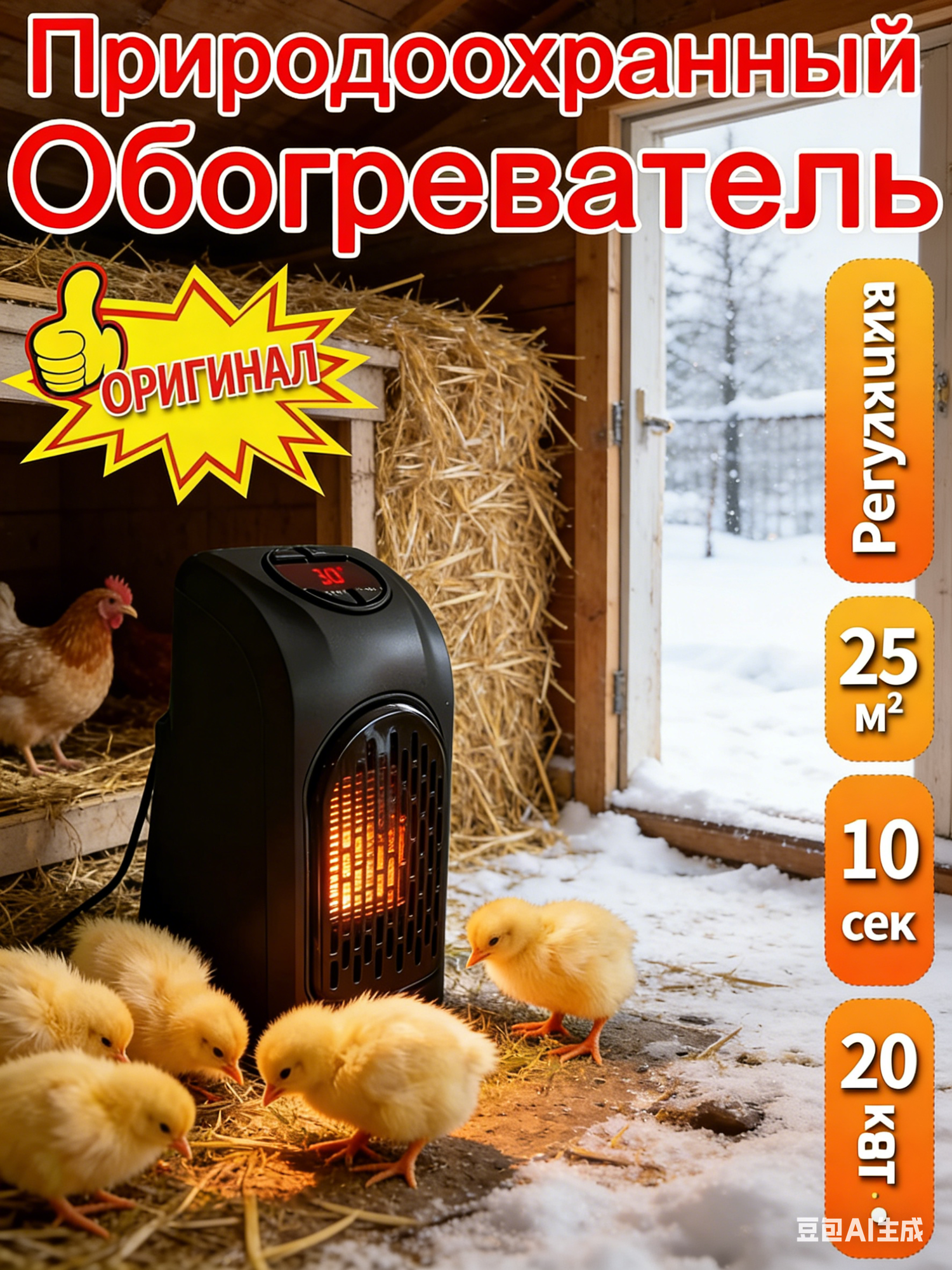 Безопасный обогреватель для курятника. Чёрный, габариты 20×20×10 см, работает от розетки.