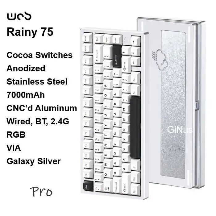 WOB Игровая клавиатура беспроводная WOW Игровая клавиатура беспроводная Rainy75 Pro, Galaxy Silver, RGB, Color Swatches, Anodized, Английская раскладка, Английская раскладка, белый, зеркальный