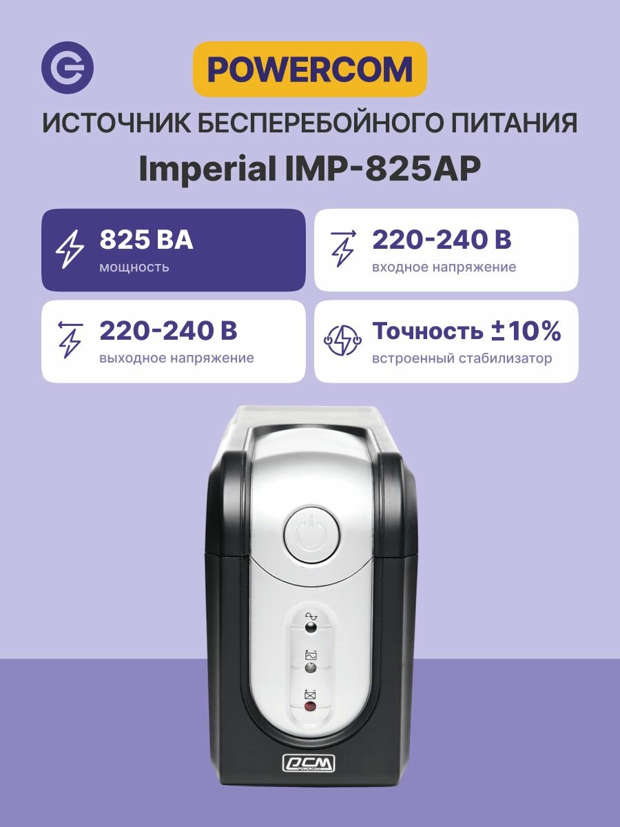 Источник бесперебойного питания ИБП POWERCOM IMP-825AP, официальная гарантия
