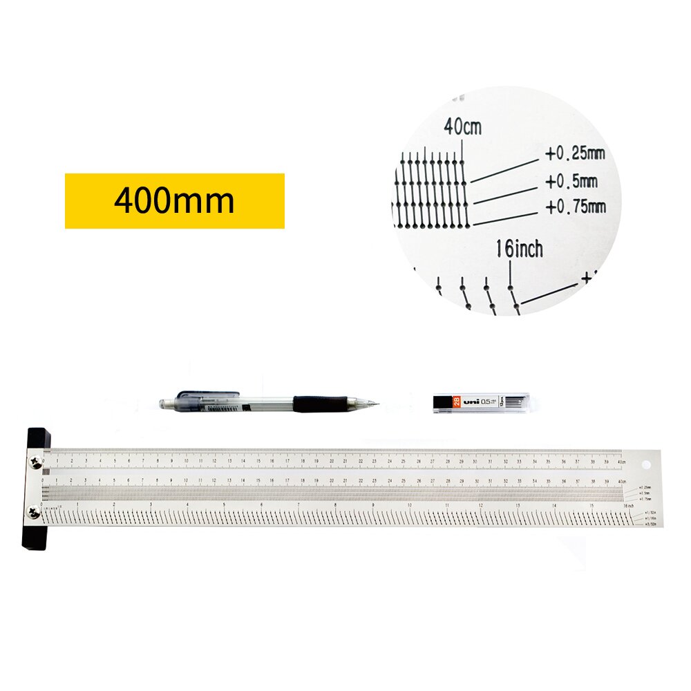 Линейка для отверстий метрической 400мм T-образная для деревообработки с маркером из нержавеющей стали линейка для засечки инструмент для замера плотника с механической карандашом, 0.25мм точность, 304 нержавеющая сталь, 0.5мм толщина, серебристый цвет,