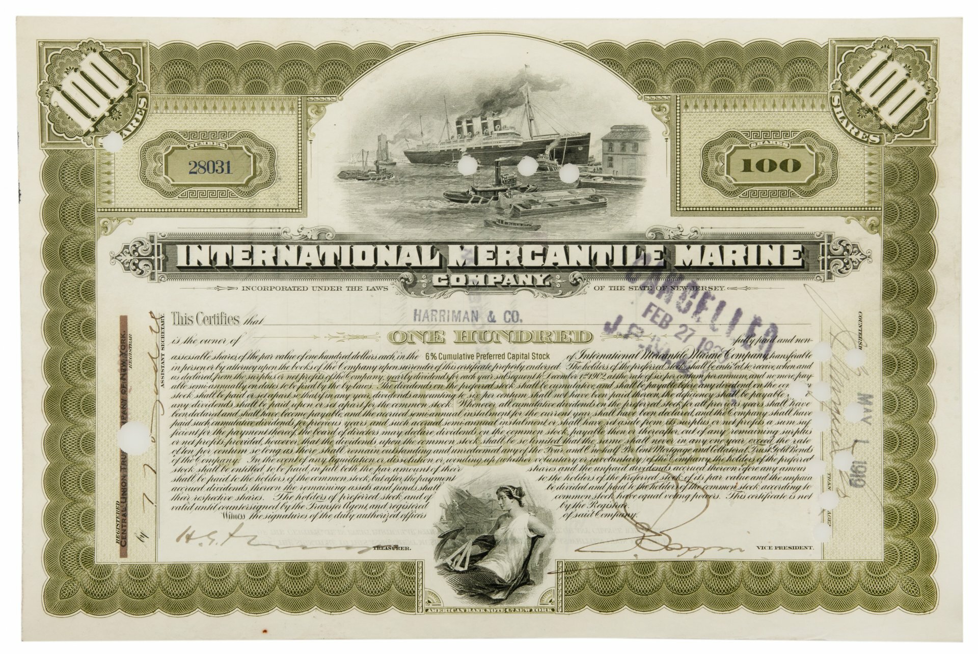 Акция США INTERNATIONAL MERCANTILE MARINE титаник 1919- 1920 гг