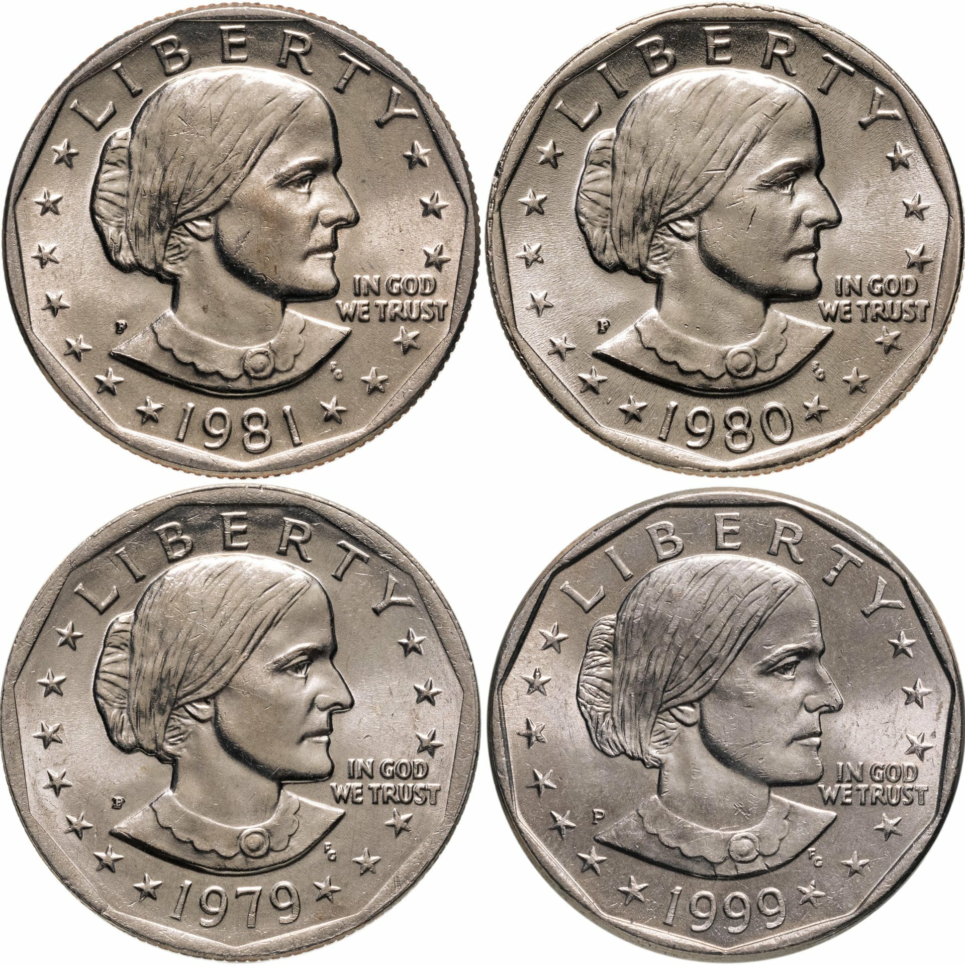 Набор из 4х монет США 1 доллар dollar 1979-1999 P доллар Сьюзен Энтони знак монетного двора "P" - Филадельфия, медь с медно-никелевым покрытием