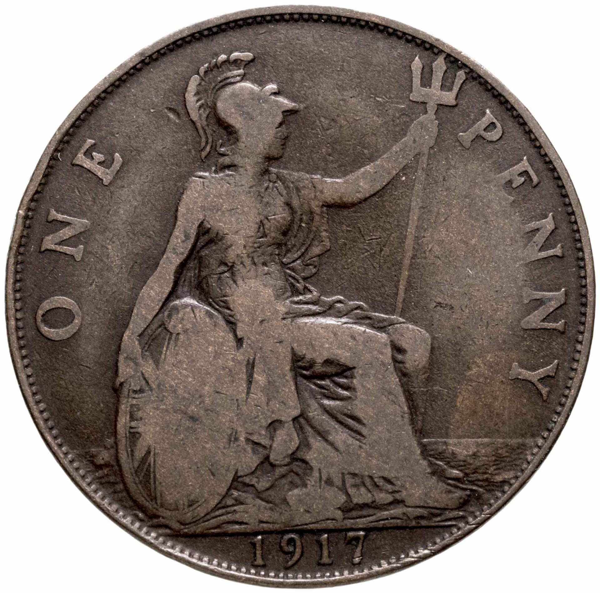 Великобритания 1 пенни penny 1917, Бронза, в сохранности F-VF