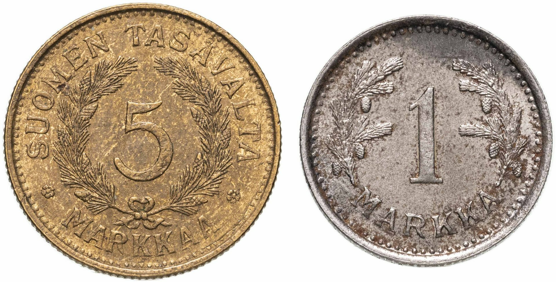 Финляндия годовой набор монет 1 и 5 марок 1950, Железо, Латунь, в сохранности VF-XF