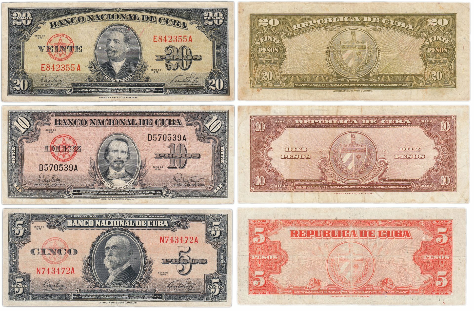 Куба набор из 3 банкнот 5, 10, 20 песо 1949, 1960