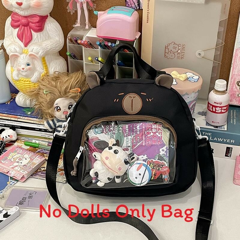 Crossbody bag capybara anime pattern pu with storage pocket for students black