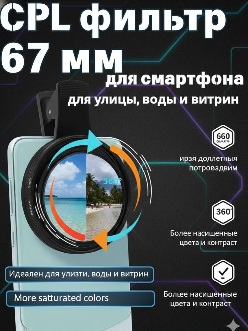 Поляризационный CPL фильтр 67 мм для смартфона антибликовый светофильтр для съемки фото и видео