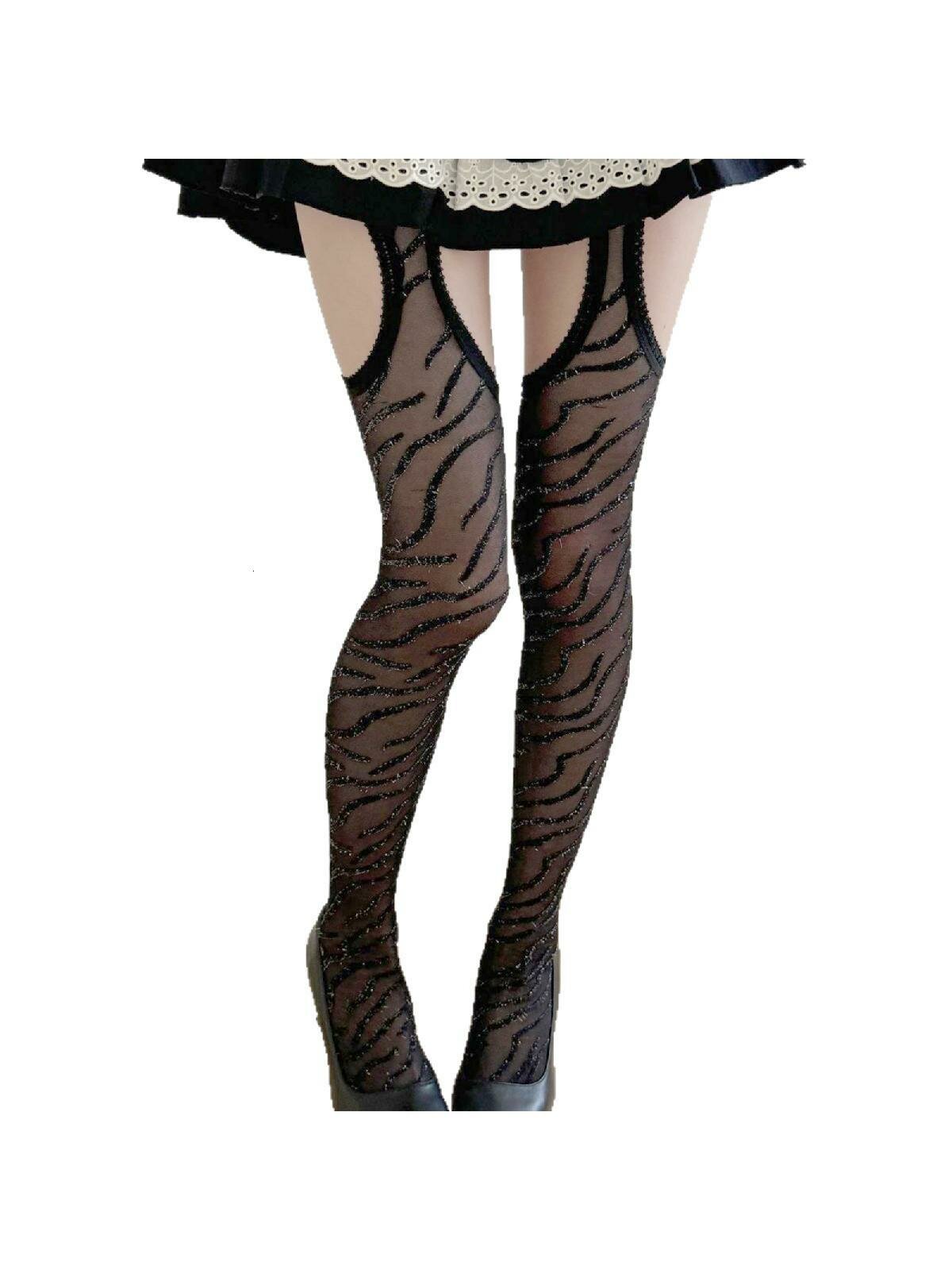 Серебряные полосатые колготки с подвязками