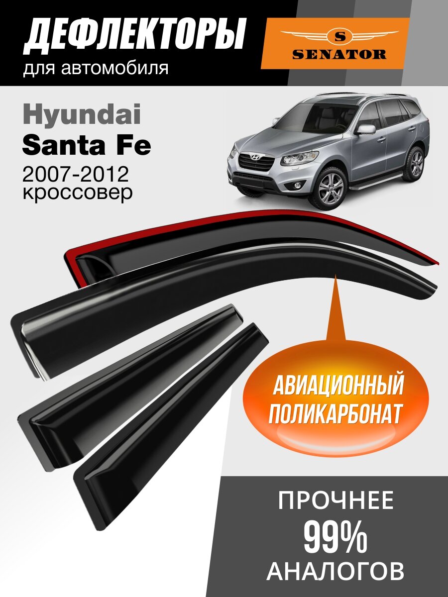 Дефлекторы окон Senator Hyundai Sante Fe 2, ветровики Хендай Санта Фе 2 (2007-2012 г. в.), кроссовер, накладные, 4шт