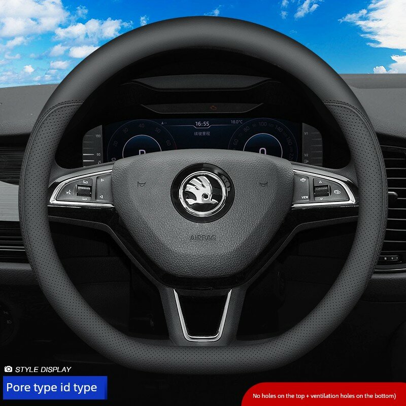 Чехол на руль из натуральной кожи для Skoda Octavia, Fabia, Yeti, Kodiaq, Superb, Rapid и других моделей. Чисто черная
