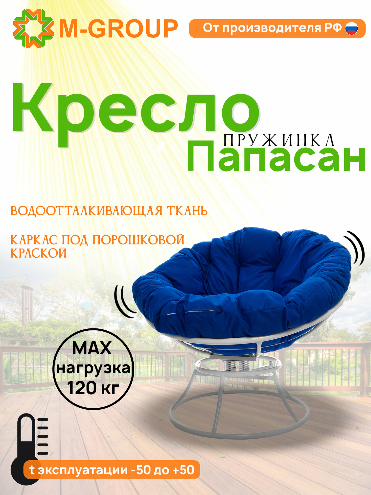 Кресло папасан пружинка без ротанга белое, синяя