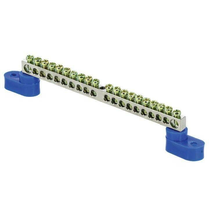 Шина нулевая EKF N, 6х9 мм, 20 отверстий, цинк, 2 синих угловых изолятора, PROхima