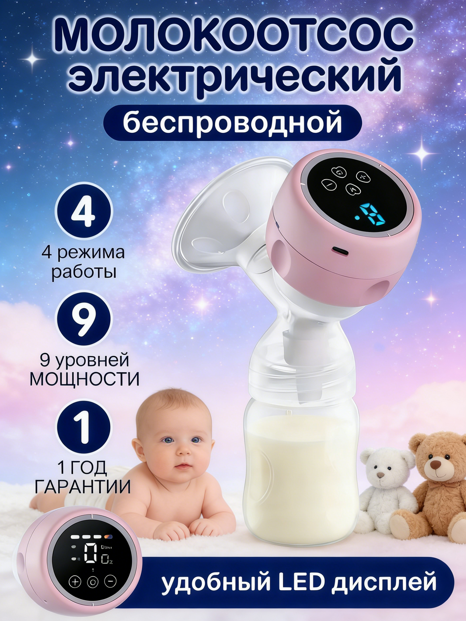 Молокоотсос электрический портативный для кормления малыша с бутылочкой и соской