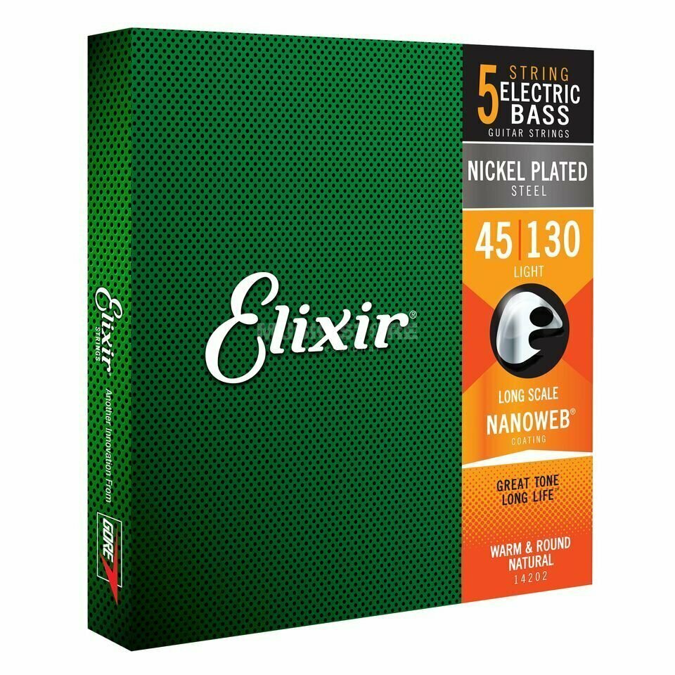Струны для 5-струнной бас-гитары Elixir Nanoweb 14202 45-130, комплект из 5 струн, никелированная сталь