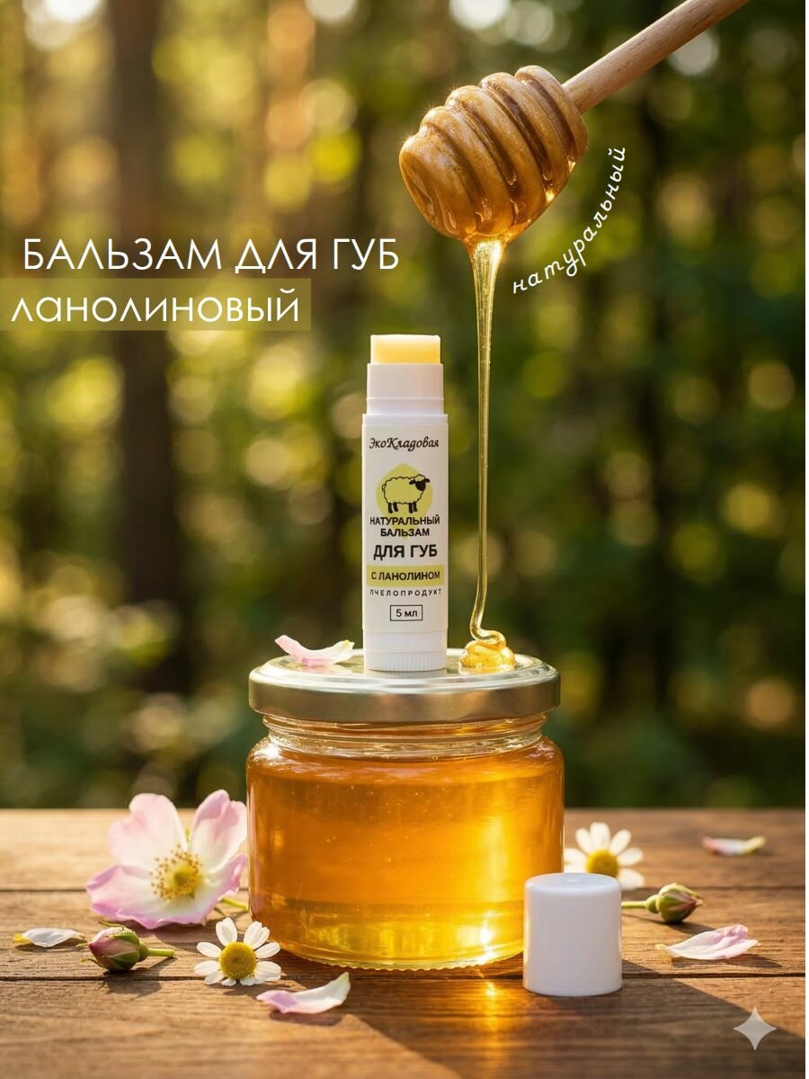 Ланолиновый бальзам для губ - натуральный уход с ромашкой и витамином Е - защита и питание, ЭкоКладовая