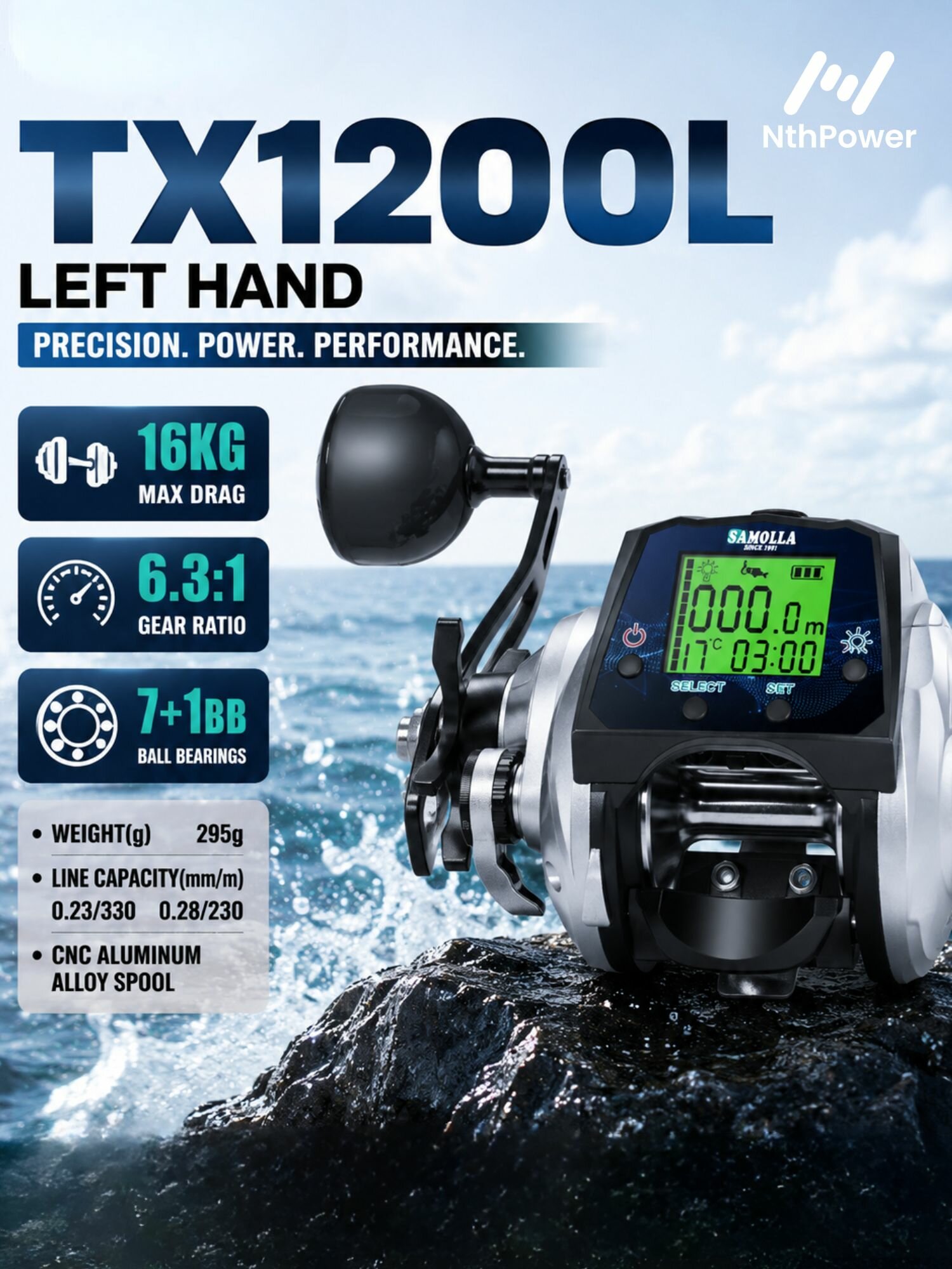Катушка для морской рыбалки TX1200R, LCD дисплей, цифровая, 7+1 подшипник, 295г