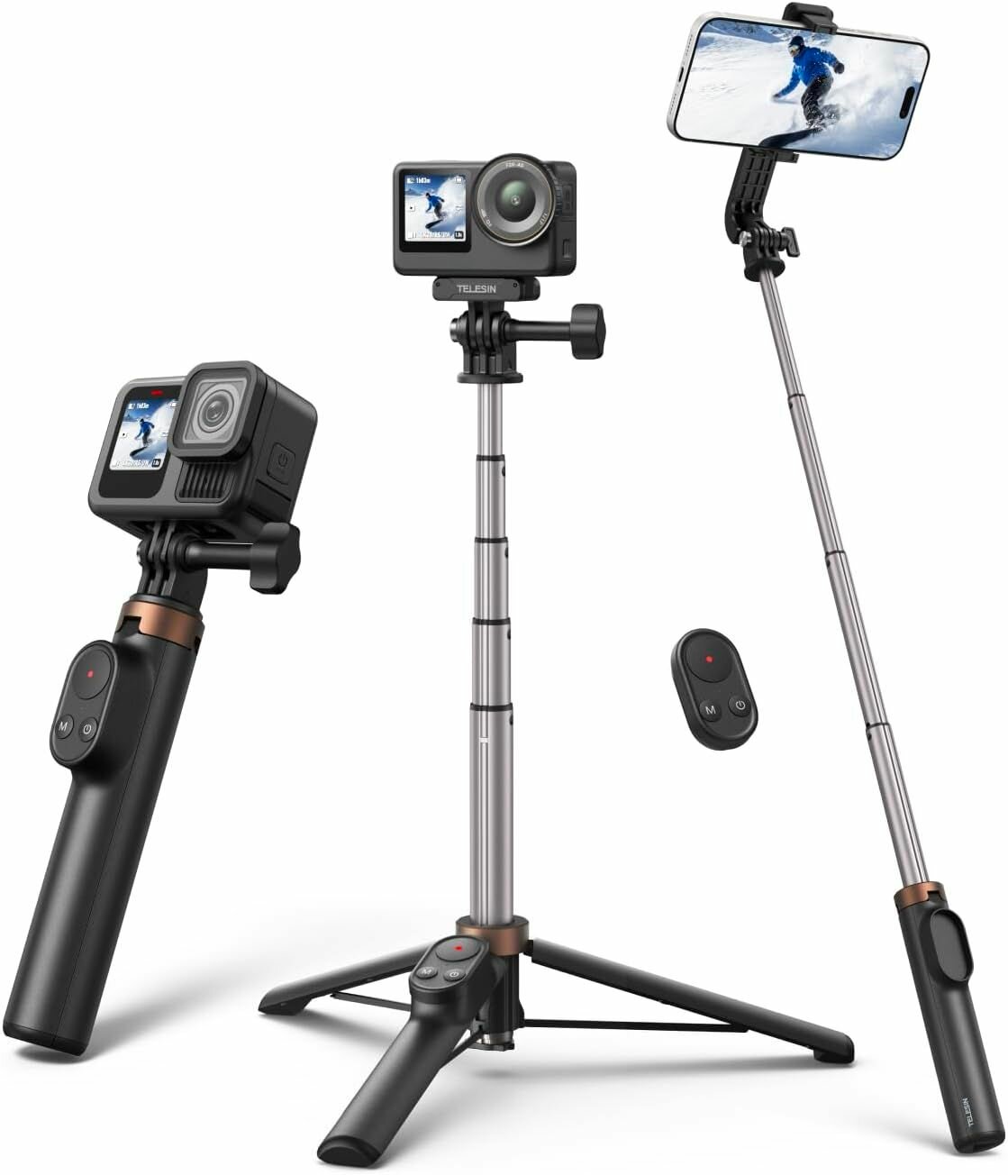 Мини-палка для селфи и штатив для телефона TELESIN, совместимый с DJI Osmo 360 Action 6/5/4 и GoPro Hero, поставляется с пультом дистанционного управления с радиусом действия 80 метров.