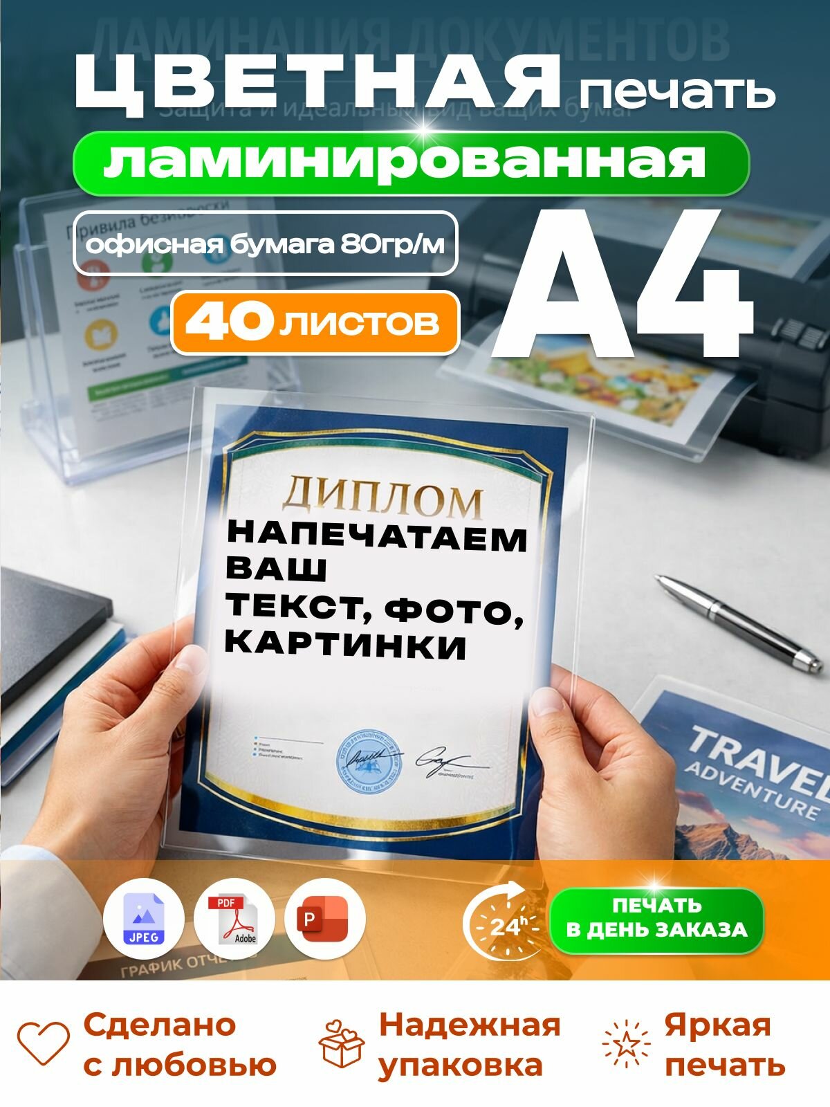 Цветная печать А4 80гр + ламинирование документов 40л