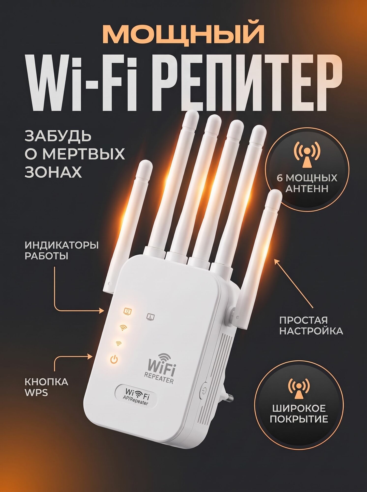 Репитер, Усилитель сигнала Wi-Fi, 2.4 ГГц/5ГГц, 300 Мбит/с, 6 антенн