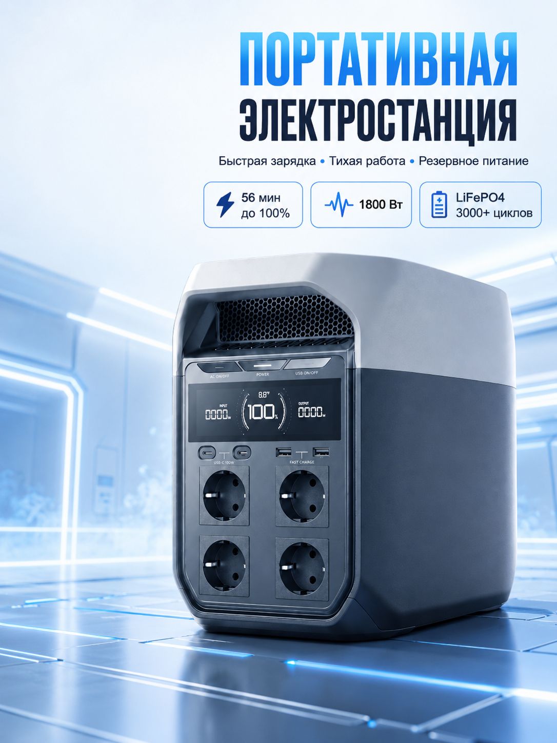 Компактный переносной накопитель энергии 1024Втч с мощностью 1800Вт для длительной автономной работы