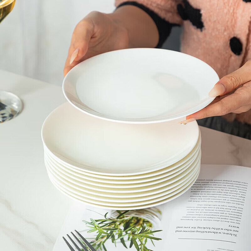Tao Xianghui Ceramic Bone Plate Household Underglaze Color 7-Inch Dish 10 Dessert Plate Flat Plate Pure White Bone Plate Set