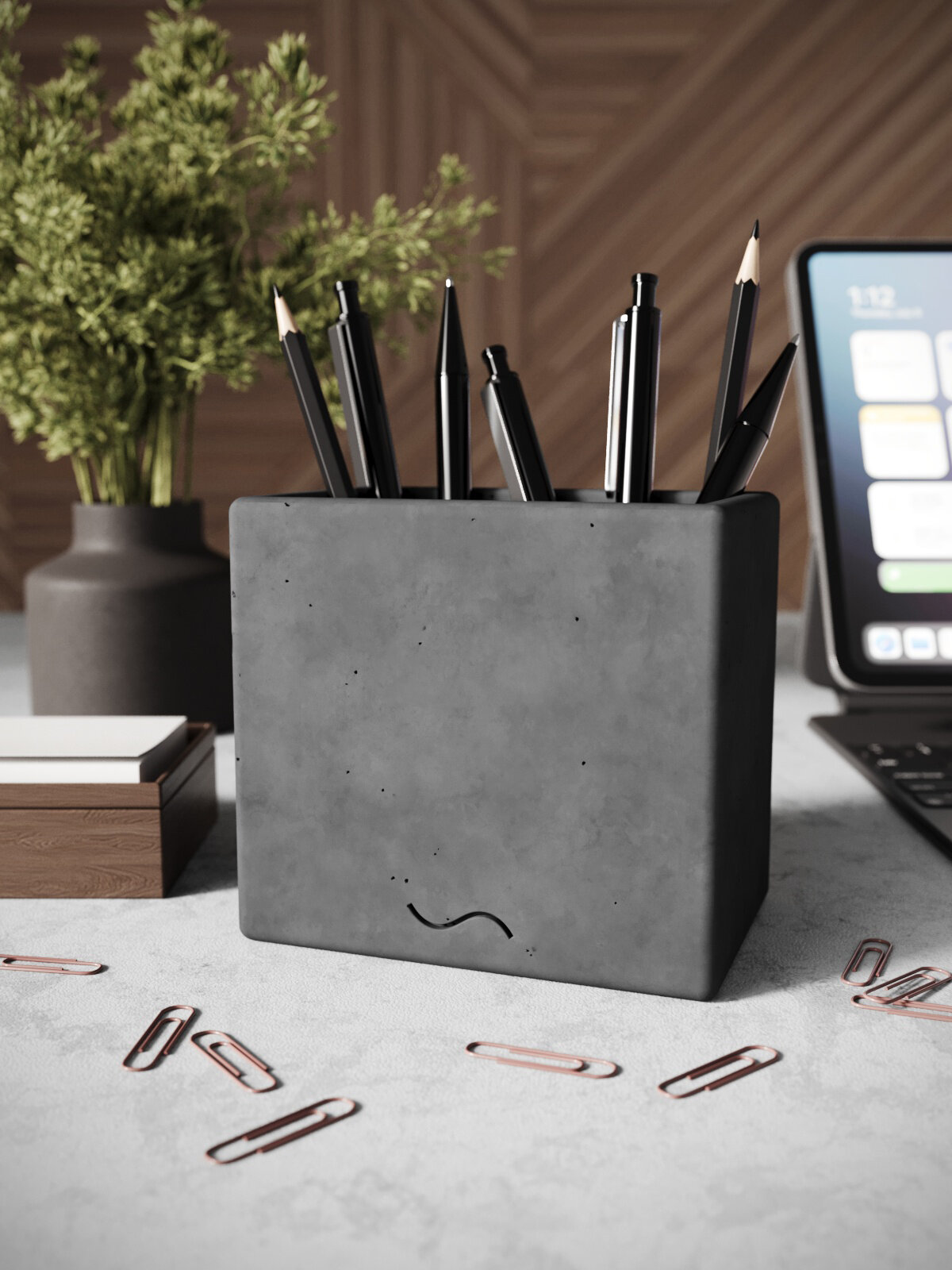 Канцелярский стакан Emily Duo, органайзер для канцелярии, 12х11х8 см, бетон, графитовый матовый