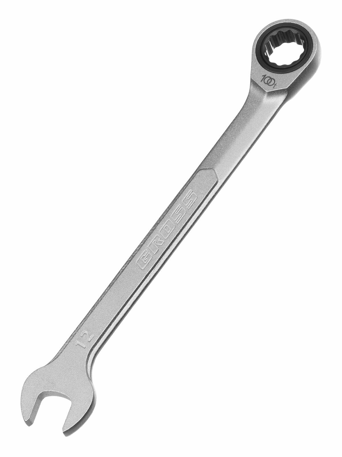 Ключ комбинированный трещоточный Gross, 12 мм, 12 граней, усиленная рожковая часть, CrV, гаечный ключ-трещетка, 14850